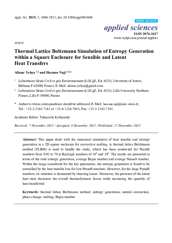 (PDF) Thermal Lattice Boltzmann Simulation of Entropy Generation within a Square Enclosure for ...