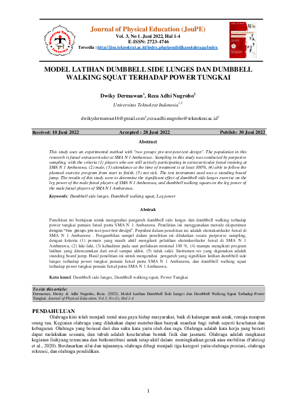 (PDF) Model Latihan Dumbbell Side Lunges Dan Dumbbell Walking Squat ...