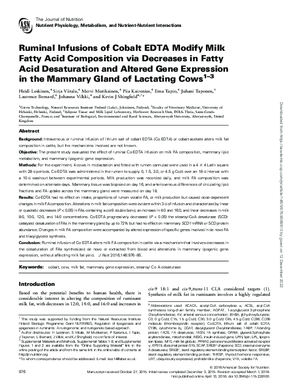 (PDF) Ruminal Infusions of Cobalt EDTA Modify Milk Fatty Acid ...