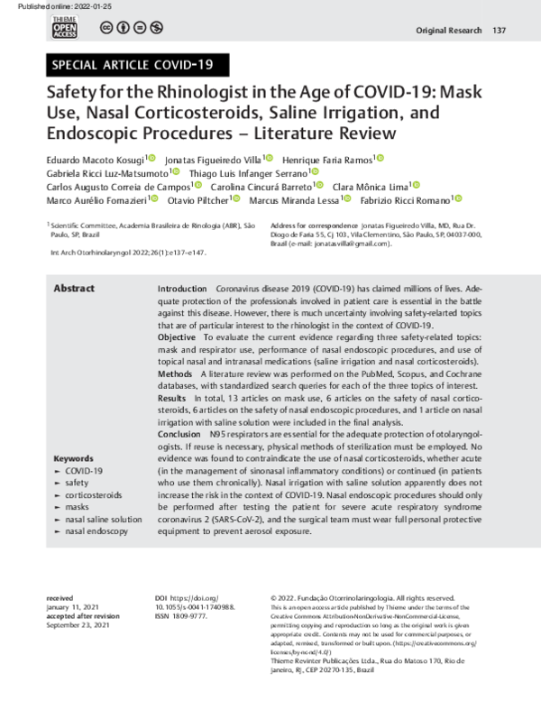 (PDF) Safety for the Rhinologist in the Age of COVID-19: Mask Use ...