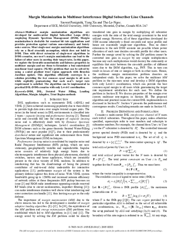 (PDF) Margin maximization in multiuser interference digital subscriber line channels