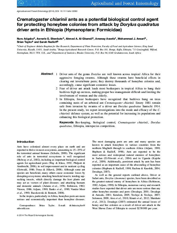 (PDF) Crematogaster chiarinii ants as a potential biological control ...