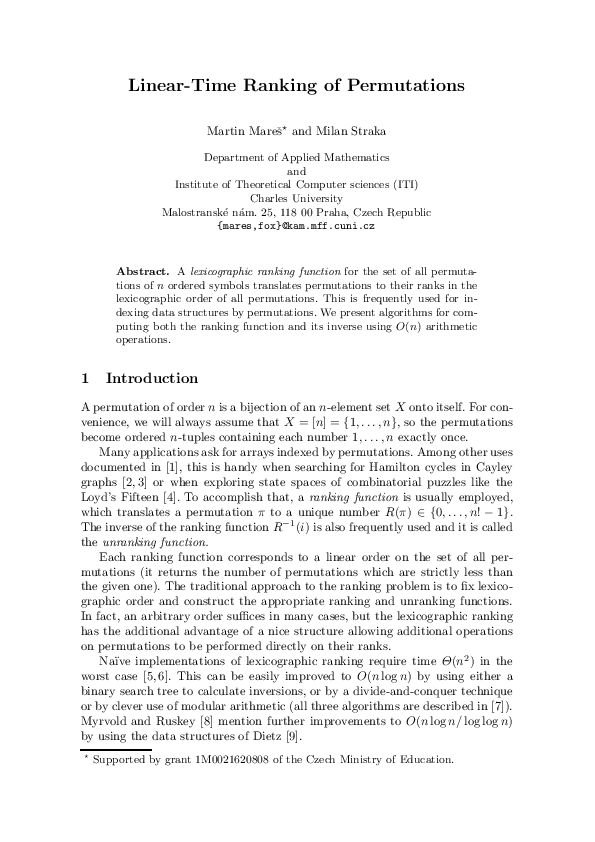 (PDF) Linear-Time Ranking of Permutations (PDF) Linear-Time Ranking of Permutations