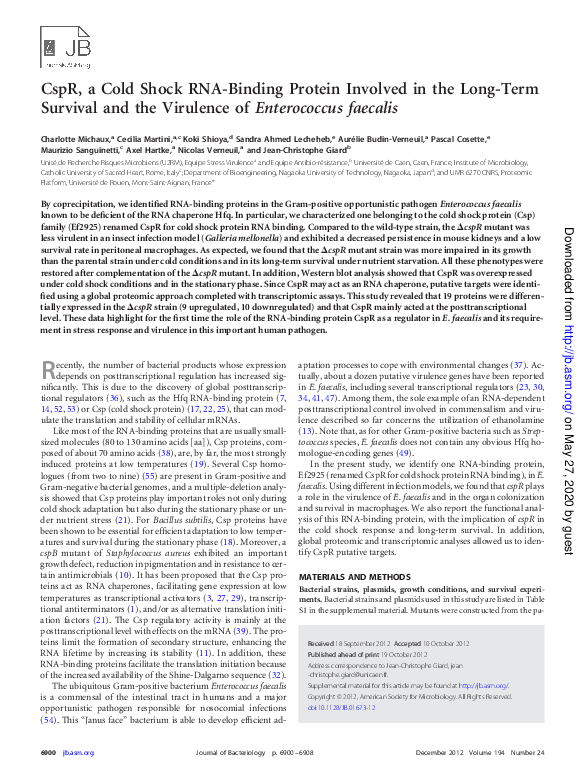 (PDF) CspR, a Cold Shock RNA-Binding Protein Involved in the Long-Term ...
