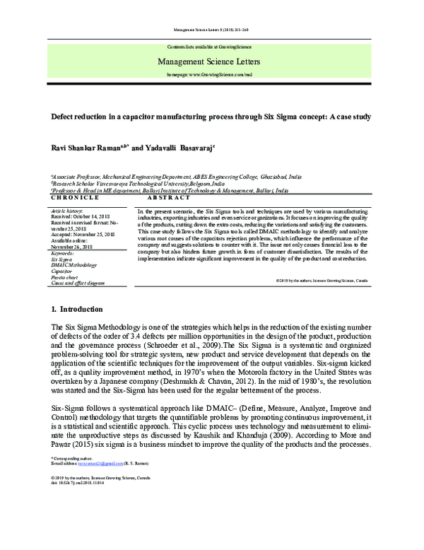 (PDF) Defect reduction in a capacitor manufacturing process through Six ...