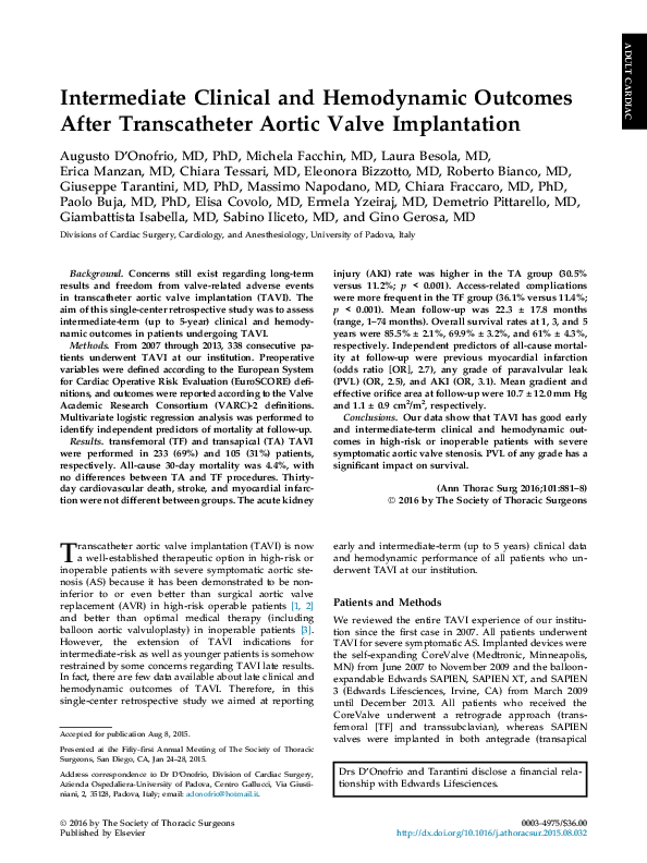 (PDF) Intermediate Clinical and Hemodynamic Outcomes After Transcatheter Aortic Valve Implantation