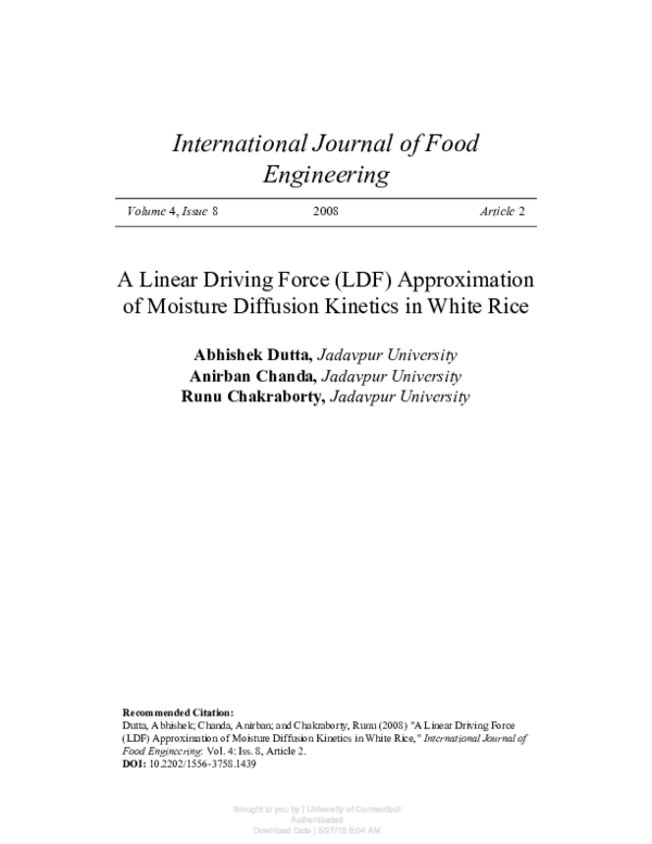 (PDF) A Linear Driving Force (LDF) Approximation of Moisture Diffusion Kinetics in White Rice