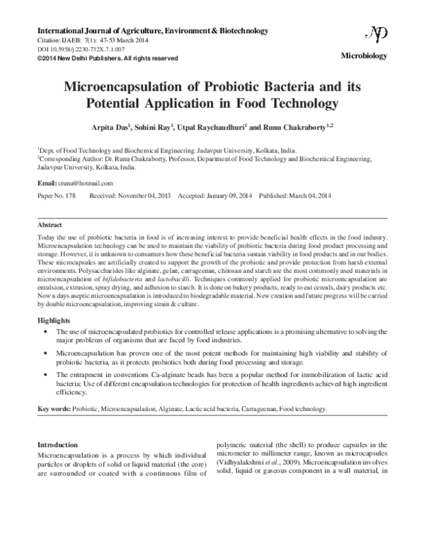 (PDF) Microencapsulation of Probiotic Bacteria and its Potential ...