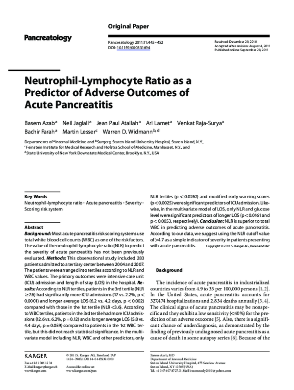 (PDF) Neutrophil-Lymphocyte Ratio as a Predictor of Adverse outcomes of ...