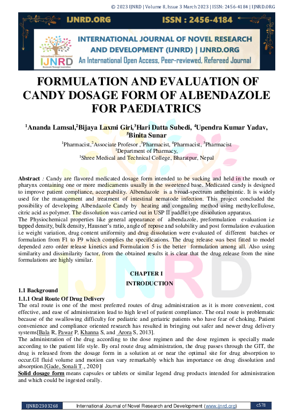 (PDF) FORMULATION AND EVALUATION OF CANDY DOSAGE FORM OF ALBENDAZOLE FOR PAEDIATRICS
