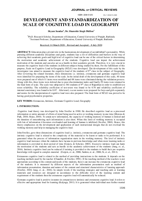 (PDF) DEVELOPMENT AND STANDARDIZATION OF SCALE OF COGNITIVE LOAD IN ...
