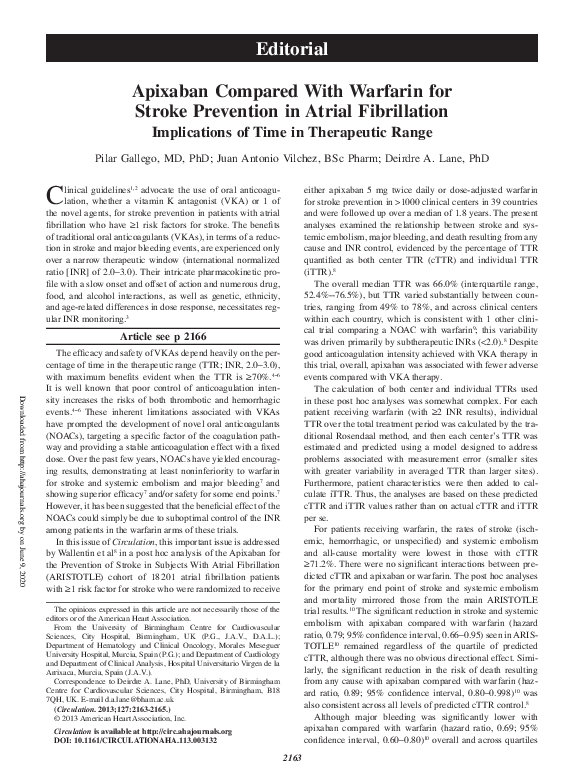 (PDF) Apixaban Compared With Warfarin for Stroke Prevention in Atrial Fibrillation