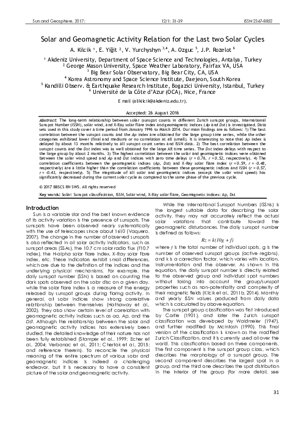 (PDF) Solar and Geomagnetic Activity Relation for the Last two Solar Cycles
