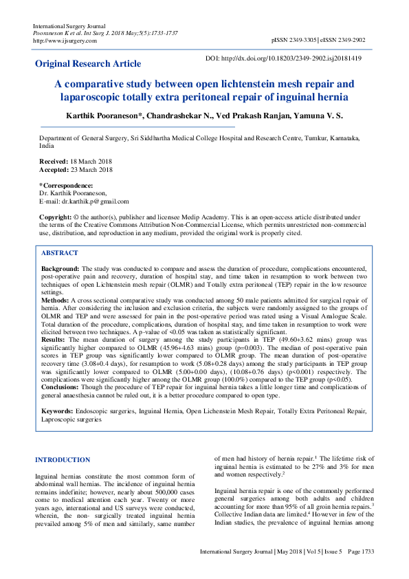 (PDF) A comparative study between open lichtenstein mesh repair and laparoscopic totally extra ...