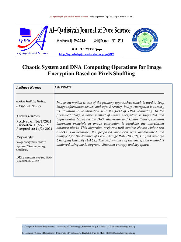 (PDF) Chaotic System and DNA Computing operations for Image Encryption Based on Pixels Shuffling