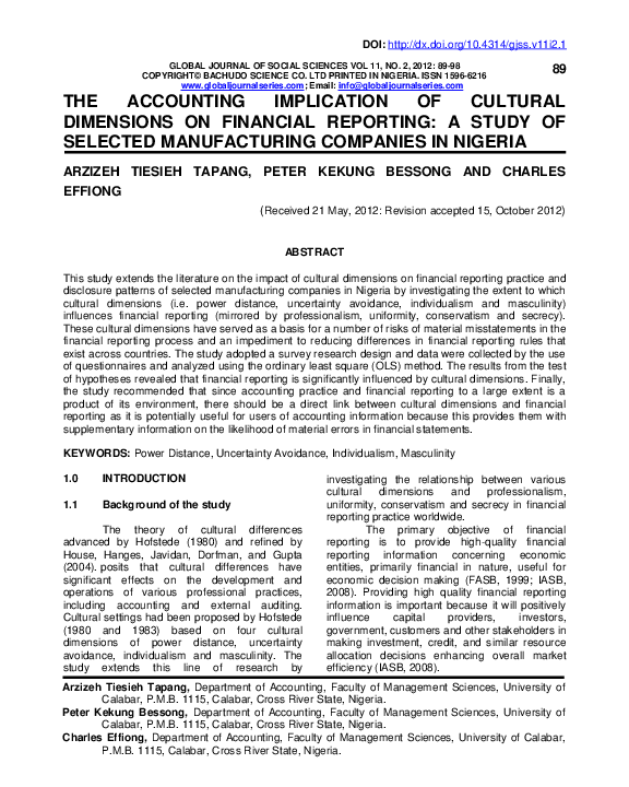 (PDF) The Accounting Implication of Cultural Dimensions on Financial ...
