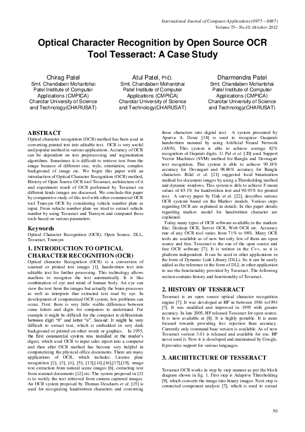 (PDF) Optical Character Recognition by Open source OCR Tool Tesseract ...