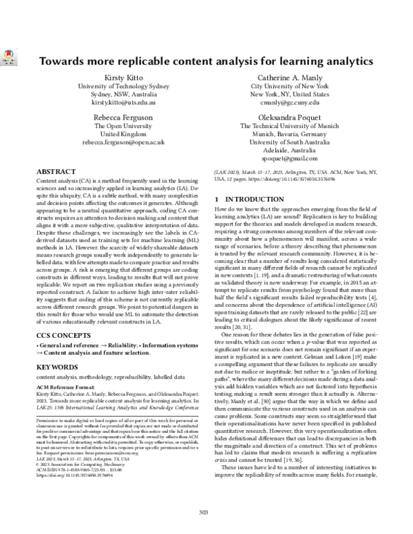 (PDF) Towards more replicable content analysis for learning analytics