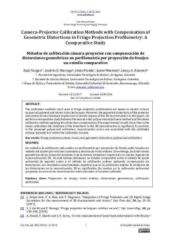 Pdf Camera Projector Calibration Methods With Compensation Of Geometric Distortions In Fringe