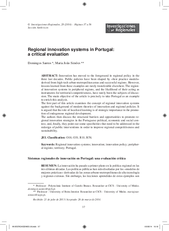 (PDF) Regional innovation systems in Portugal : a critical evaluation