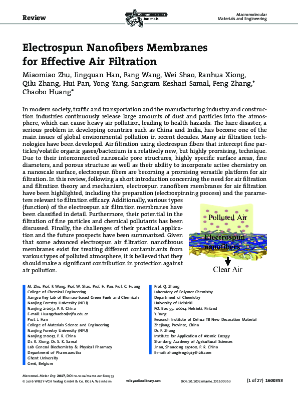 Electrospun Nanofibers Membranes for Effective Air Filtration