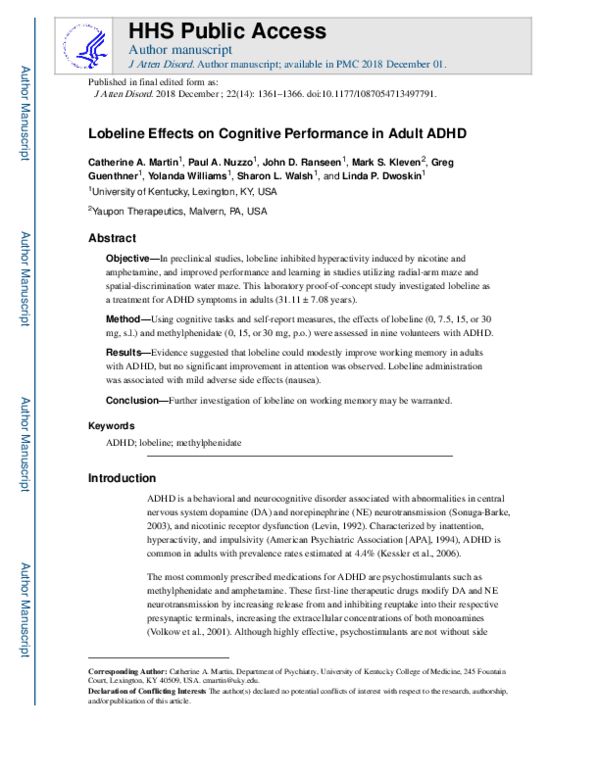 (PDF) Lobeline Effects on Cognitive Performance in Adult ADHD