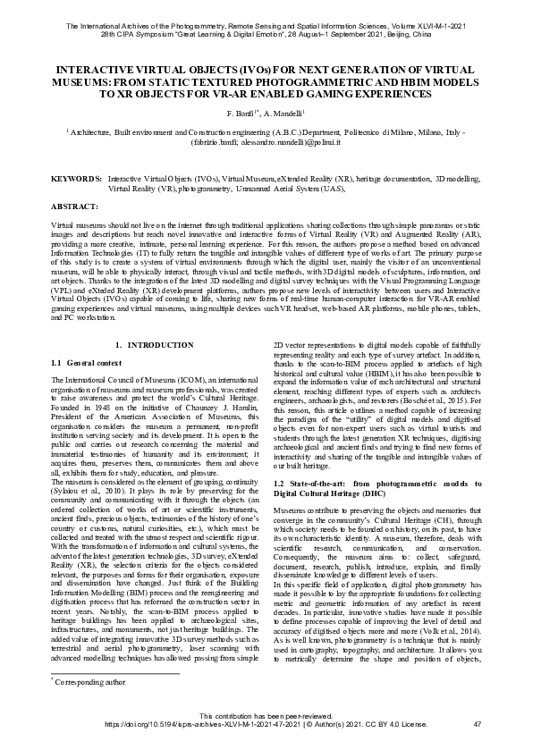 (PDF) INTERACTIVE VIRTUAL OBJECTS (IVOs) FOR NEXT GENERATION OF VIRTUAL MUSEUMS: FROM STATIC ...