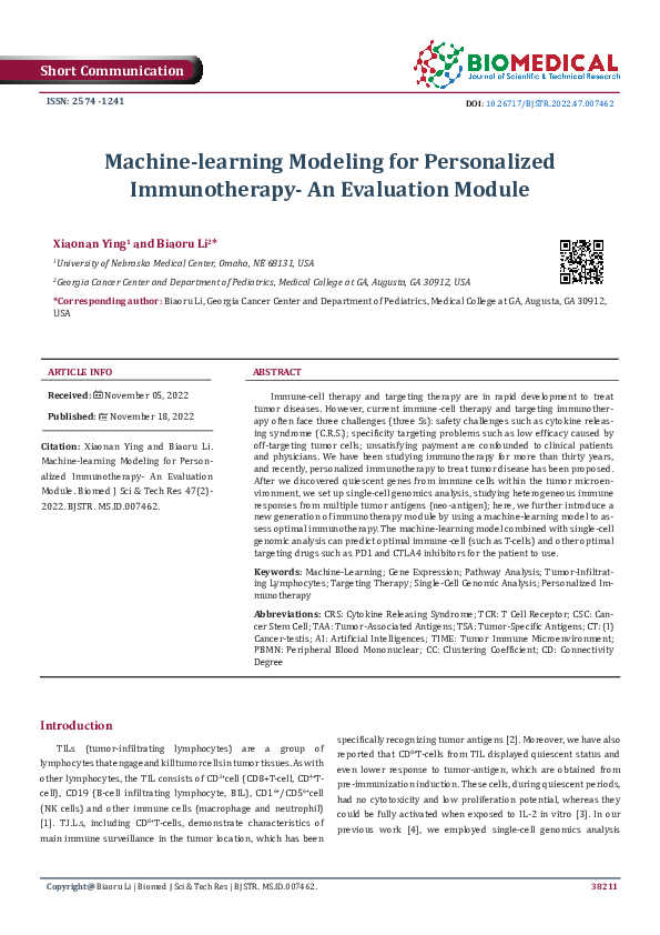 (PDF) Machine-learning Modeling for Personalized Immunotherapy- An Evaluation Module | Biaoru Li ...
