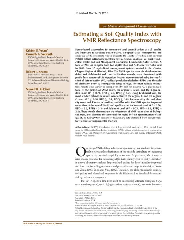 (PDF) Estimating a Soil Quality Index with VNIR Reflectance Spectroscopy