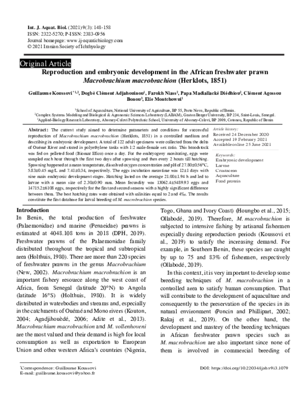 (PDF) Reproduction and embryonic development in the African freshwater ...
