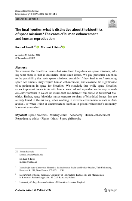 (PDF) The final frontier: what is distinctive about the bioethics of ...