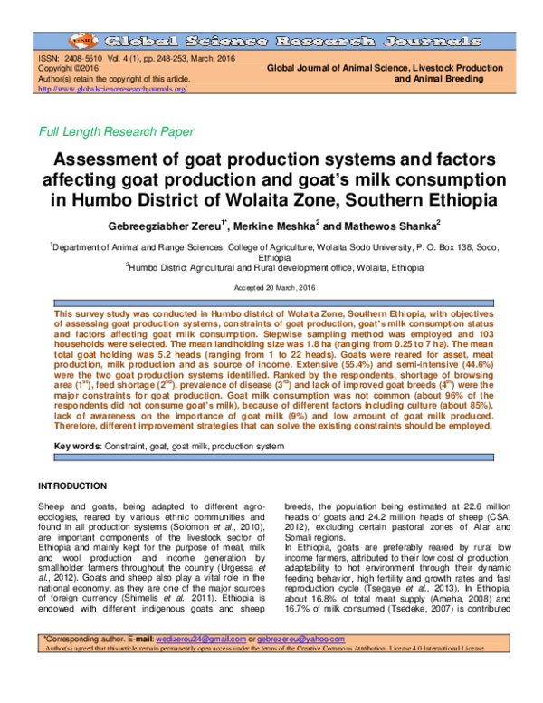 (PDF) Assessment of Goat Production Systems and Factors Affecting Production and Utilization of ...