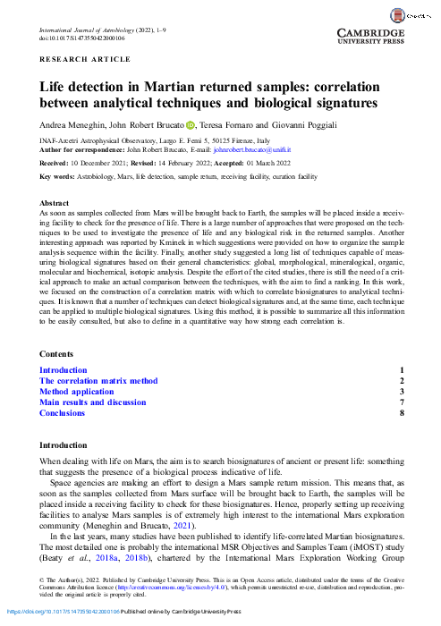 (PDF) Life detection in Martian returned samples: correlation between ...