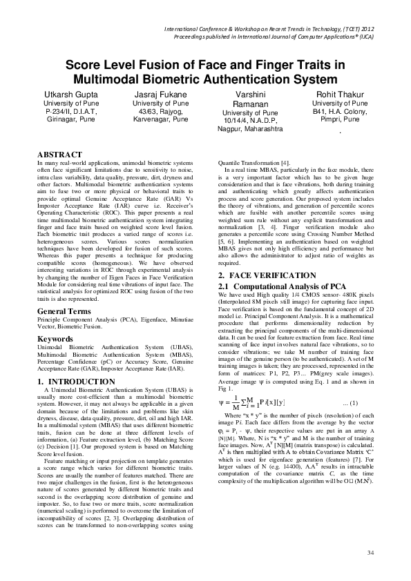 (PDF) Score Level Fusion of Face and Finger Traits in Multimodal Biometric Authentication System