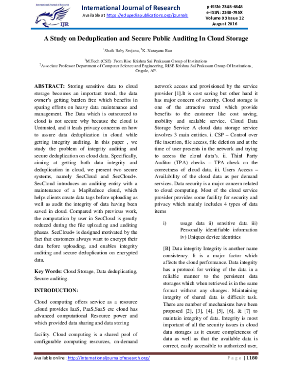 (PDF) A Study on Deduplication and Secure Public Auditing In Cloud Storage