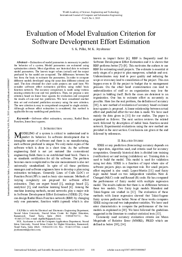 Pdf Evaluation Of Model Evaluation Criterion For Software Development Effort Estimation