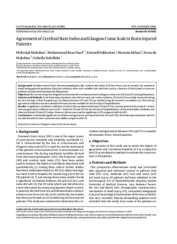 (PDF) Agreement of Cerebral State Index and Glasgow Coma Scale in Brain ...