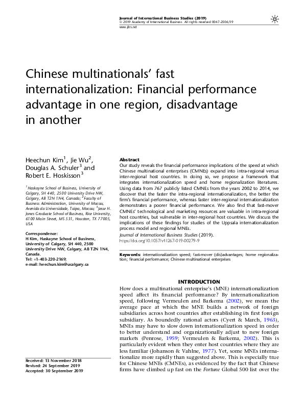 (PDF) Chinese multinationals' fast internationalization: Financial ...