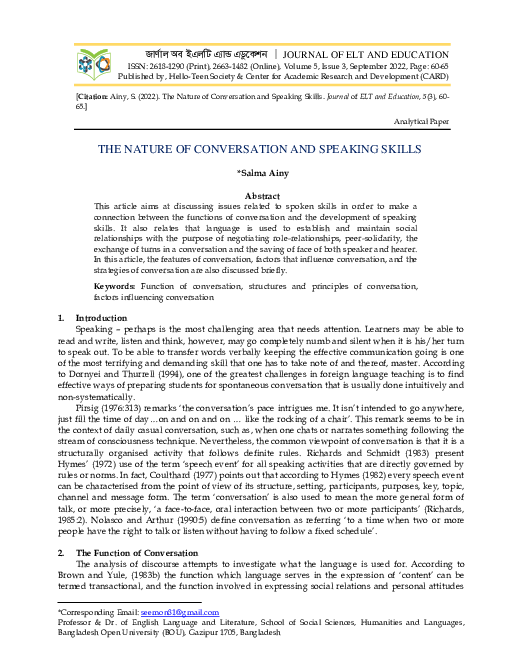 (PDF) THE NATURE OF CONVERSATION AND SPEAKING SKILLS