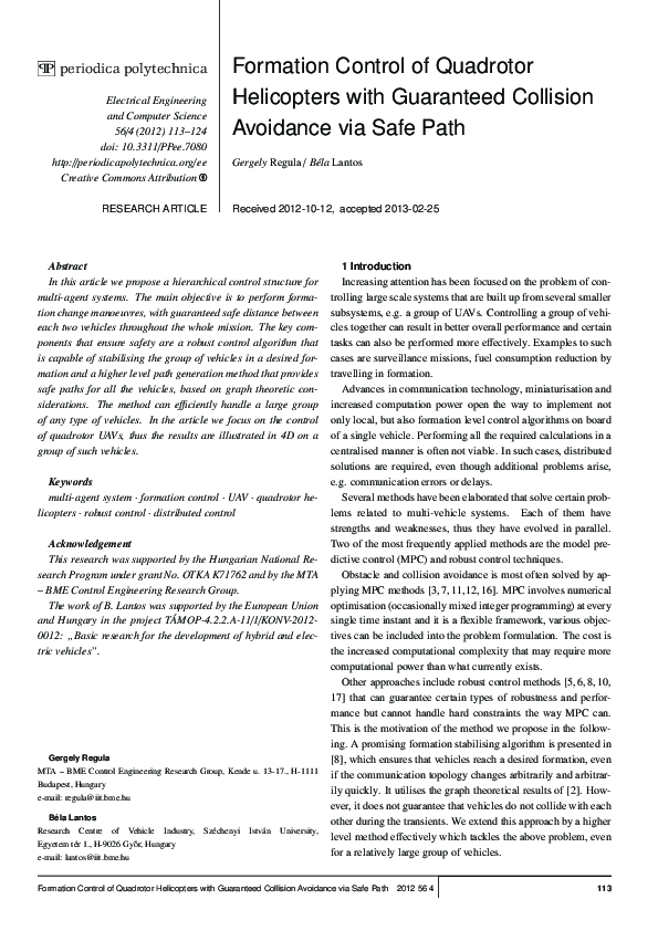 (PDF) Formation Control of Quadrotor Helicopters with Guaranteed Collision Avoidance via Safe Path