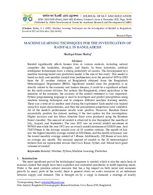 (PDF) MACHINE LEARNING TECHNIQUES FOR THE INVESTIGATION OF RAINFALL IN BANGLADESH