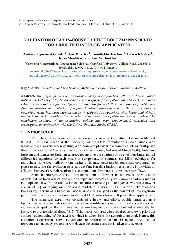 Pdf Validation Of An In House Lattice Boltzmann Solver For A Multiphase Flow Application