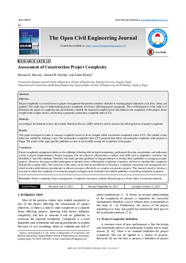 (PDF) Assessment of Construction Project Complexity
