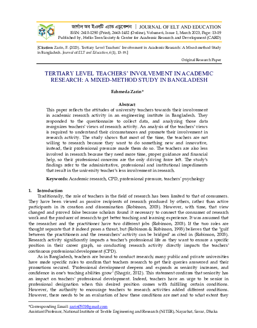 (PDF) Tertiary Level Teachers’ Involvement in Academic Research: A ...