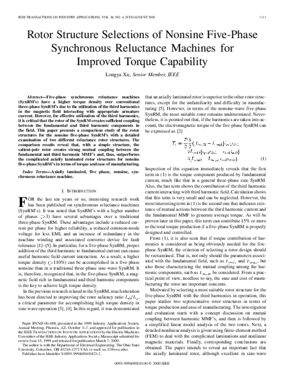 (PDF) Rotor structure selections of nonsine five-phase synchronous reluctance machines for ...