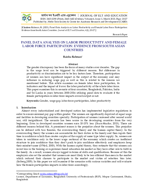 (PDF) Panel Data Analysis on Labor Productivity and Female Labor Force Participation: Evidence ...