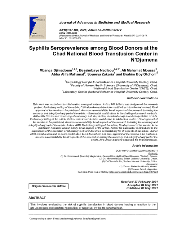 (PDF) Syphilis Seroprevalence among Blood Donors at the Chad National ...
