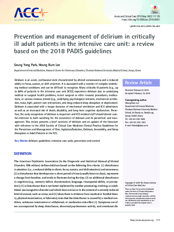 (PDF) Prevention and management of delirium in critically Ill adult ...