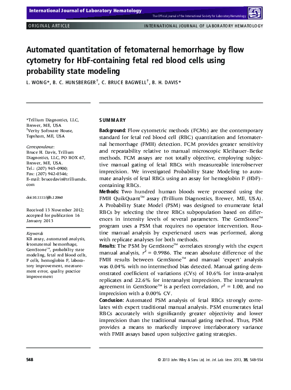 (PDF) Automated quantitation of fetomaternal hemorrhage by flow cytometry for HbF-containing ...
