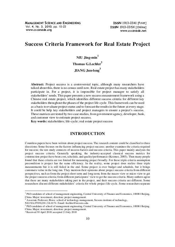 (PDF) MANAGEMENT SCİENCE AND ENGİNEERİNG Success Criteria Framework for ...